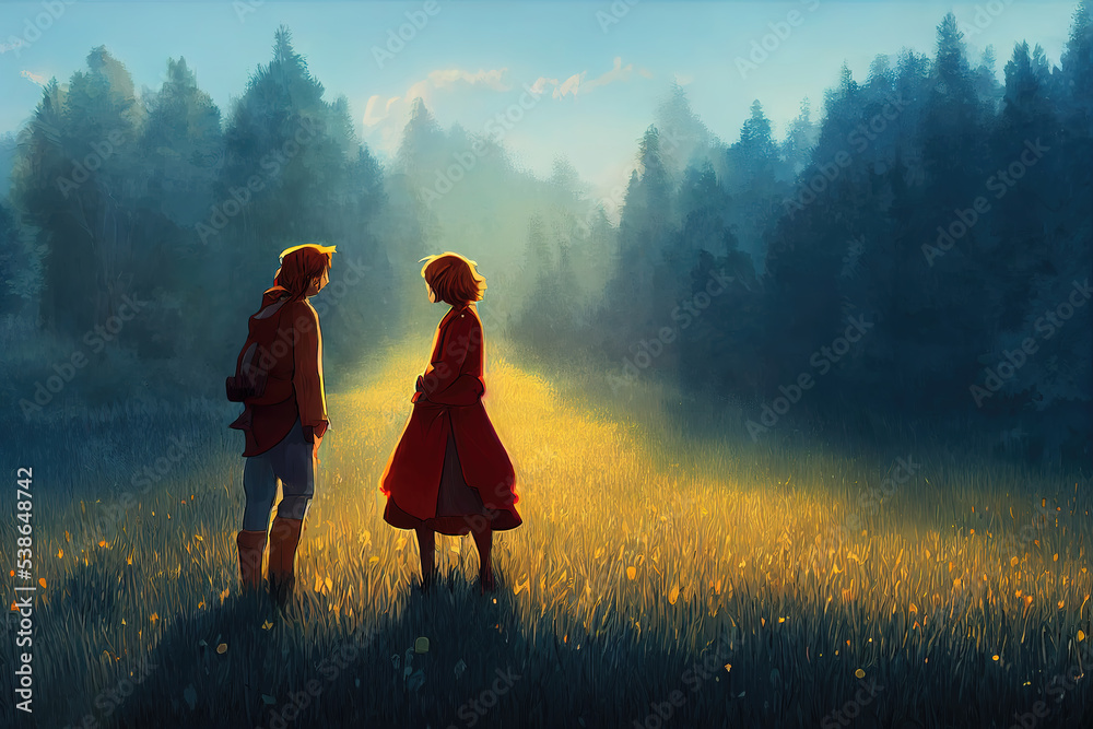 romantic scene with an adventurer and his girfriend, sunrise flower ...