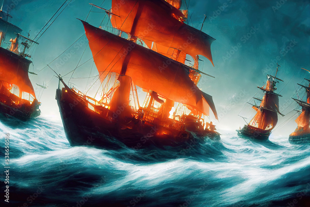 burning pirate ship after war fight, concept art illustration disaster ...