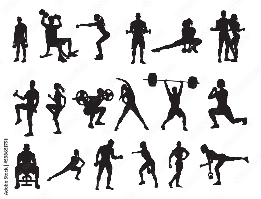 Fitness gym silhouettes , Fitness exercise silhouettes Stock Vector ...