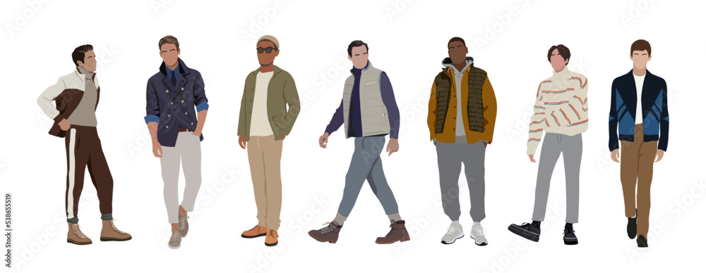 Street fashion men vector illustration. Young men wearing trendy modern ...