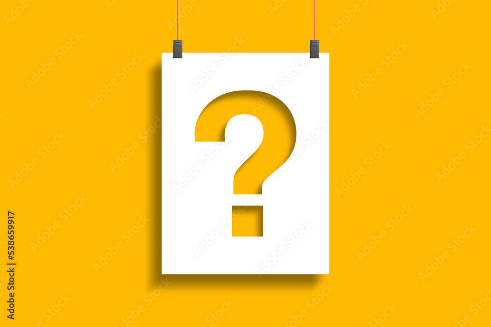 Question mark on paper hanging with rope on yellow background Stock ...