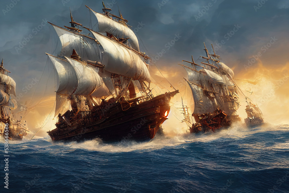 pirate ships fighting scene, water war scene concept art Stock ...
