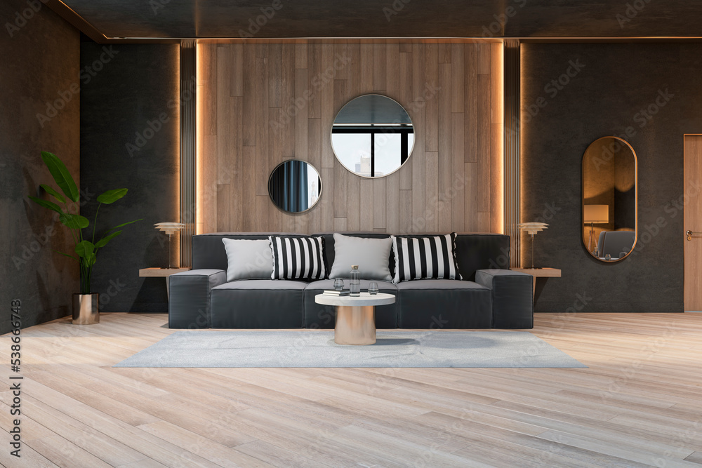 Front view on stylish grey sofa with pillows, marble coffee table on ...