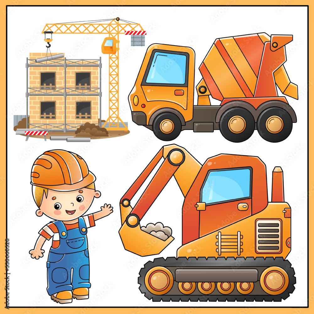Cartoon images of big crawler excavator and concrete mixer with worker ...