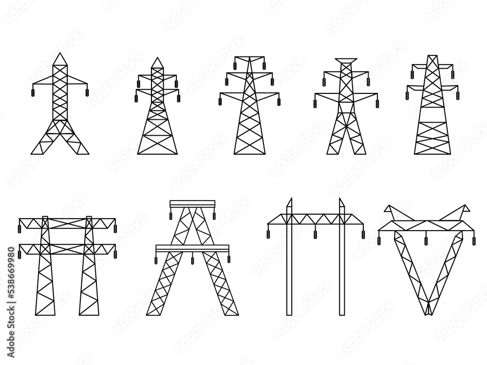 Supports of the high-voltage power grid. Vector illustration of utility ...