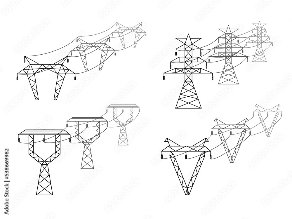 Supports of the high-voltage power grid. Vector illustration of utility ...