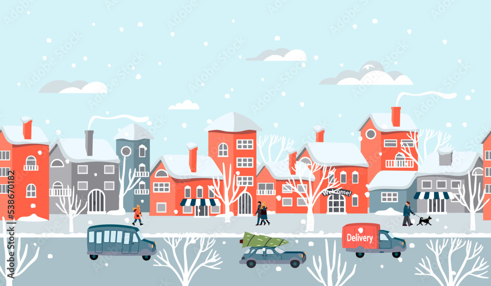 Winter city street with cars and people.Houses and shops with windows ...