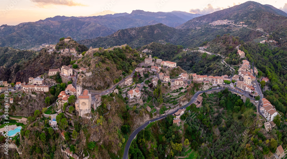 Savoca village in Sicily, Italy. Aerial view of Sicilian village Savoca ...