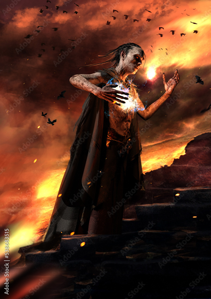 An epic vampire wizard climbs the stairs against an orange sky ...