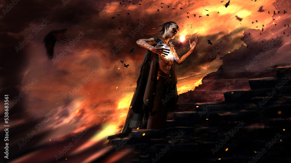 An epic vampire wizard climbs the stairs against an orange sky ...