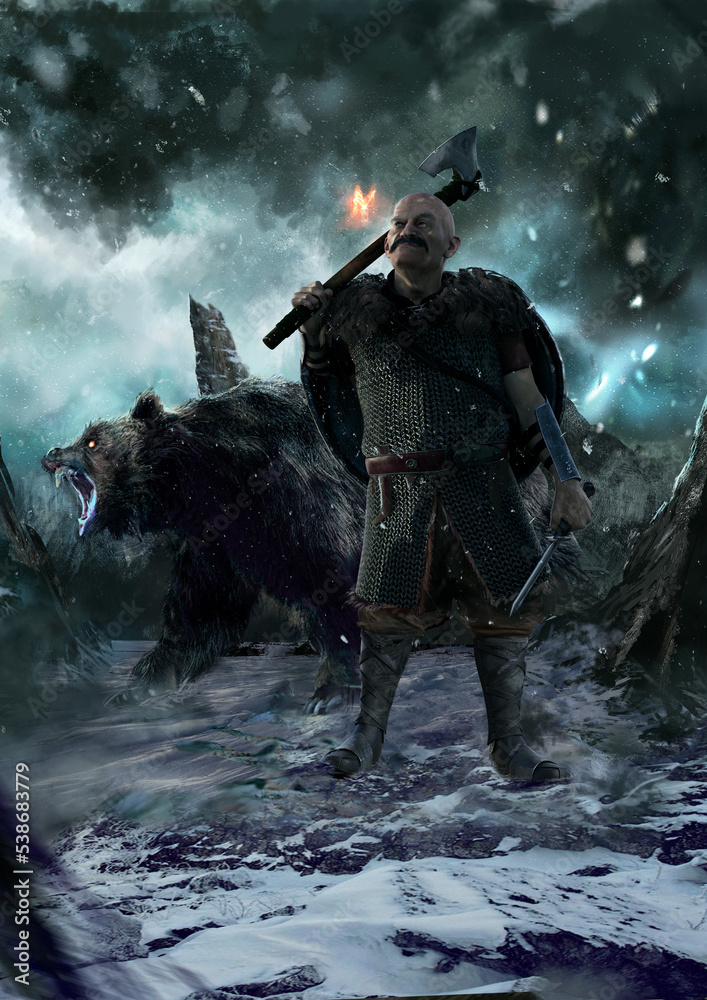 A bald Viking dwarf in chain mail armor stands on snow-covered ...