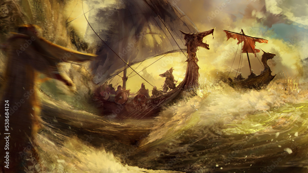 Epic Viking dragon boats sail through the raging sea in bright sunlight ...