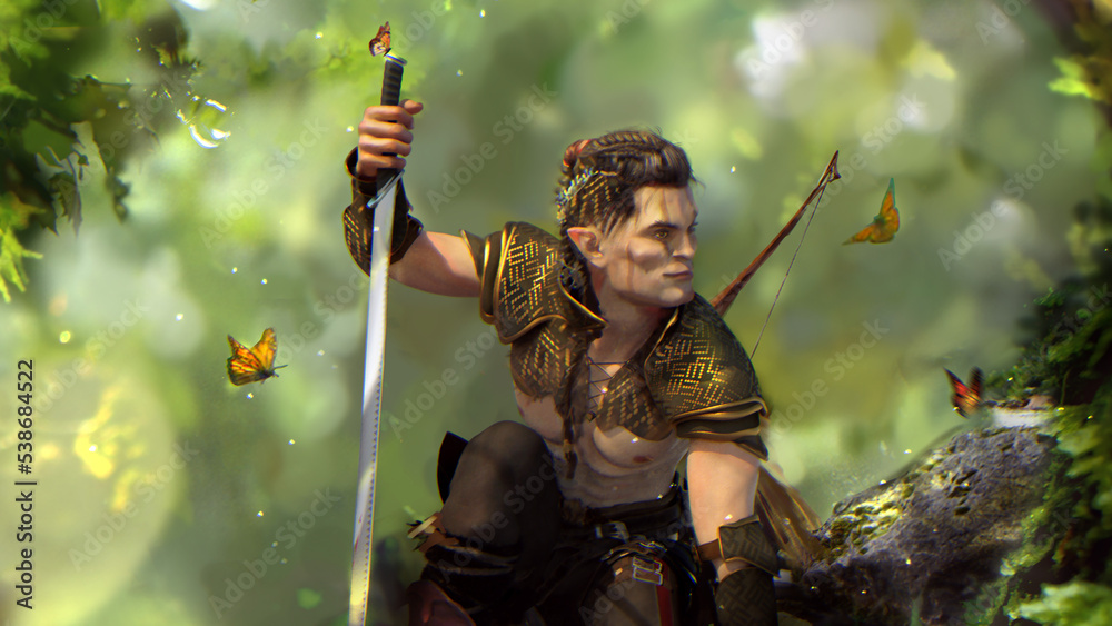 An elven warrior in golden armor sits on the bank of a stream ...