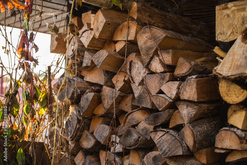 A stack of dry firewood in a woodpile for a stove and grill - a ...