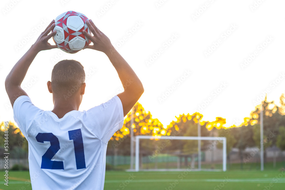 Football player raising the ball throw-in. Rear view of soccer player ...