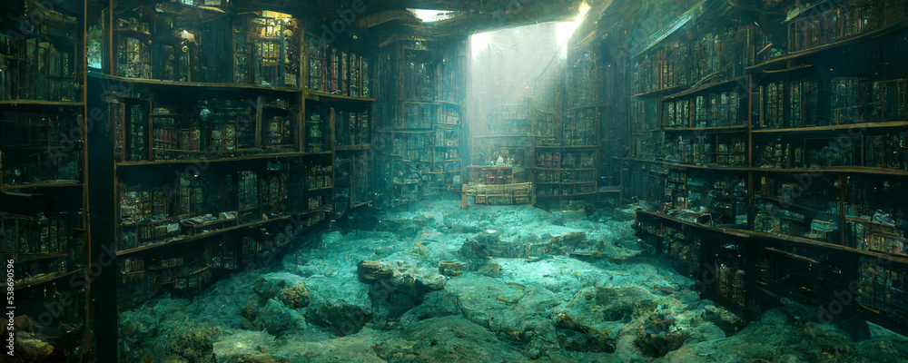 fantasy underwater deep ocean mysterious antiquity library background ...