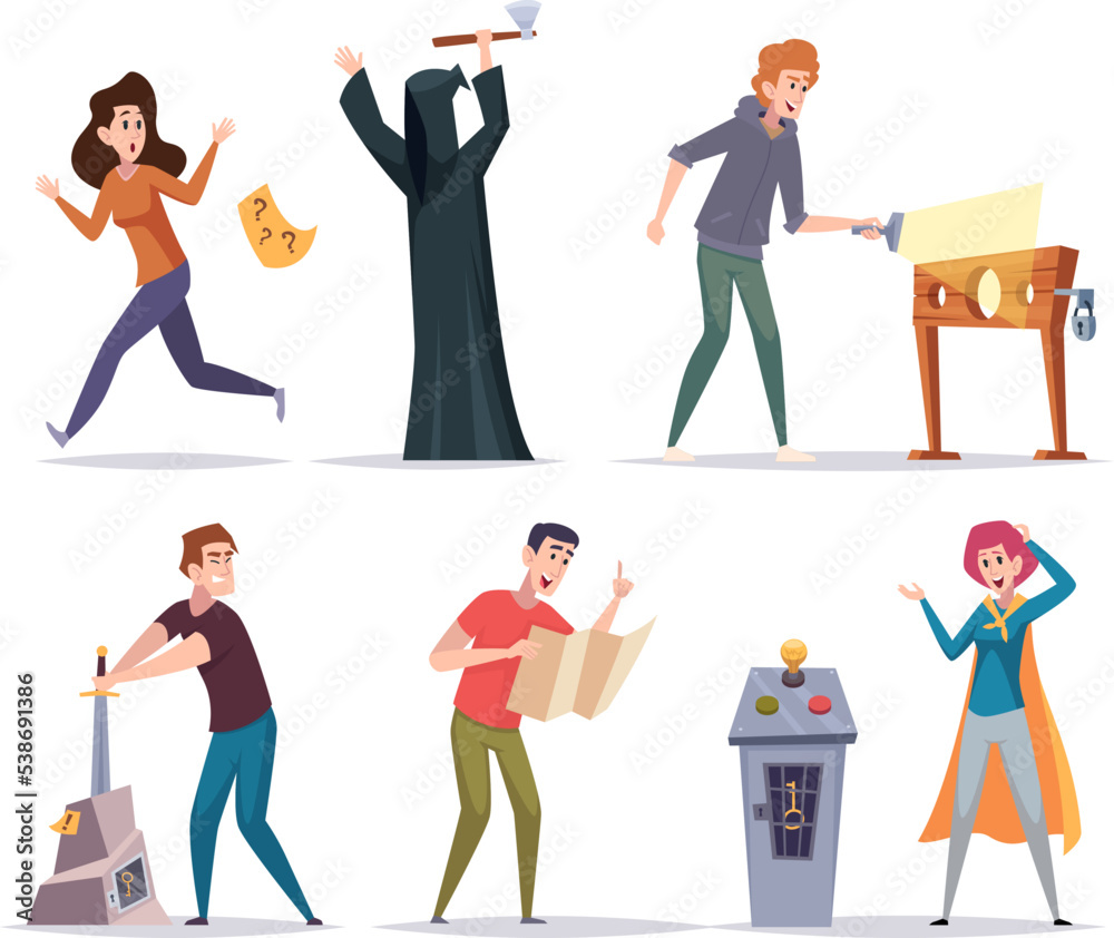 Quest games. Various situations and characters players in quest room ...