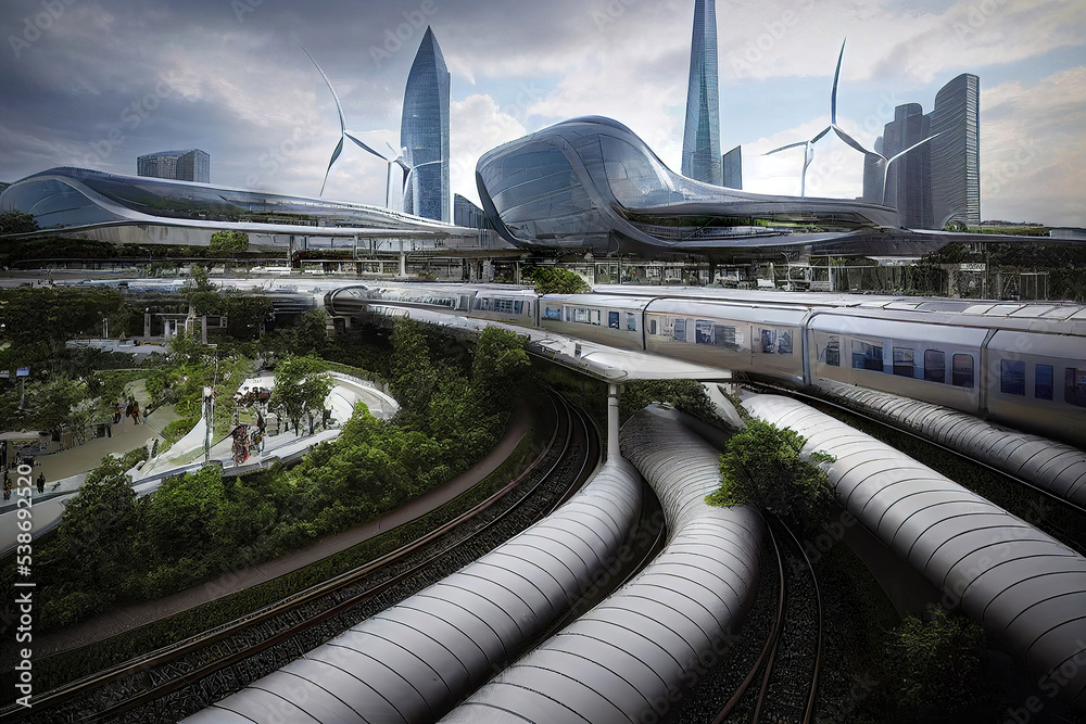 futuristic city skyline, organic design, train station, skyscraper ...