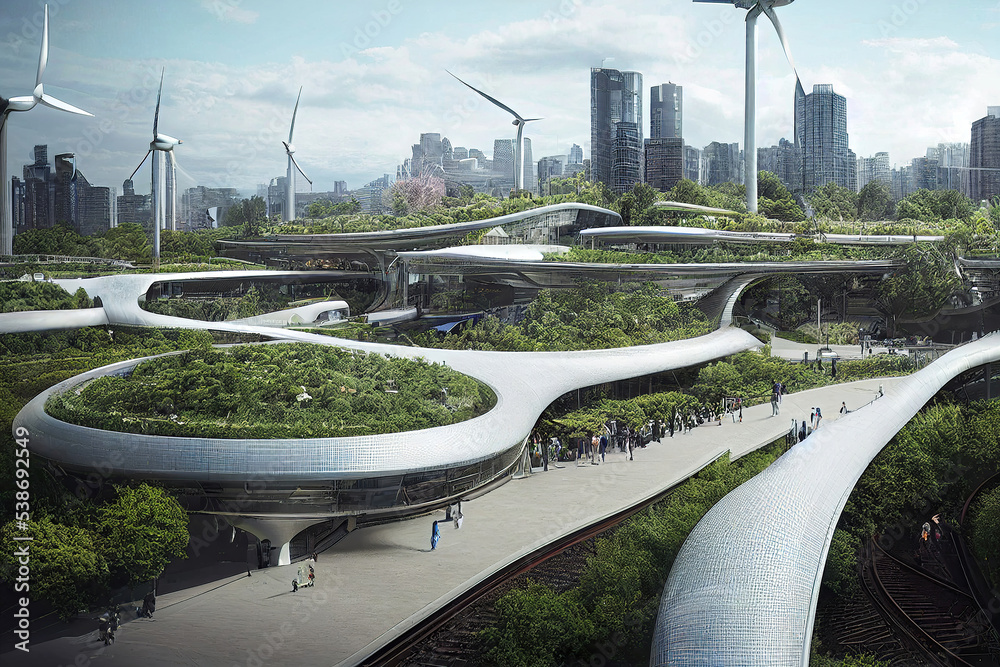 futuristic city skyline, organic design, train station, skyscraper ...