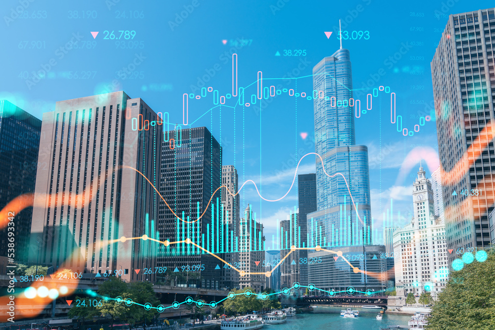 Panorama cityscape of Chicago downtown and Riverwalk, boardwalk with ...