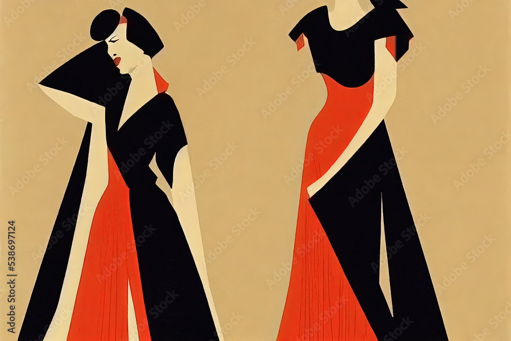 Vintage fashion in the style of Art Deco. Two models featuring retro ...