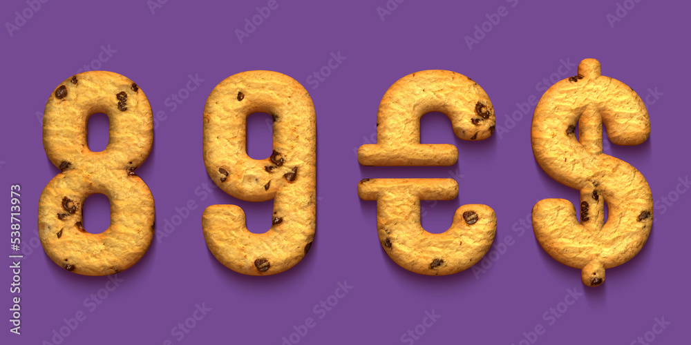set of 3d numbers made of biscuit, rendering, eight, nine, euro and ...