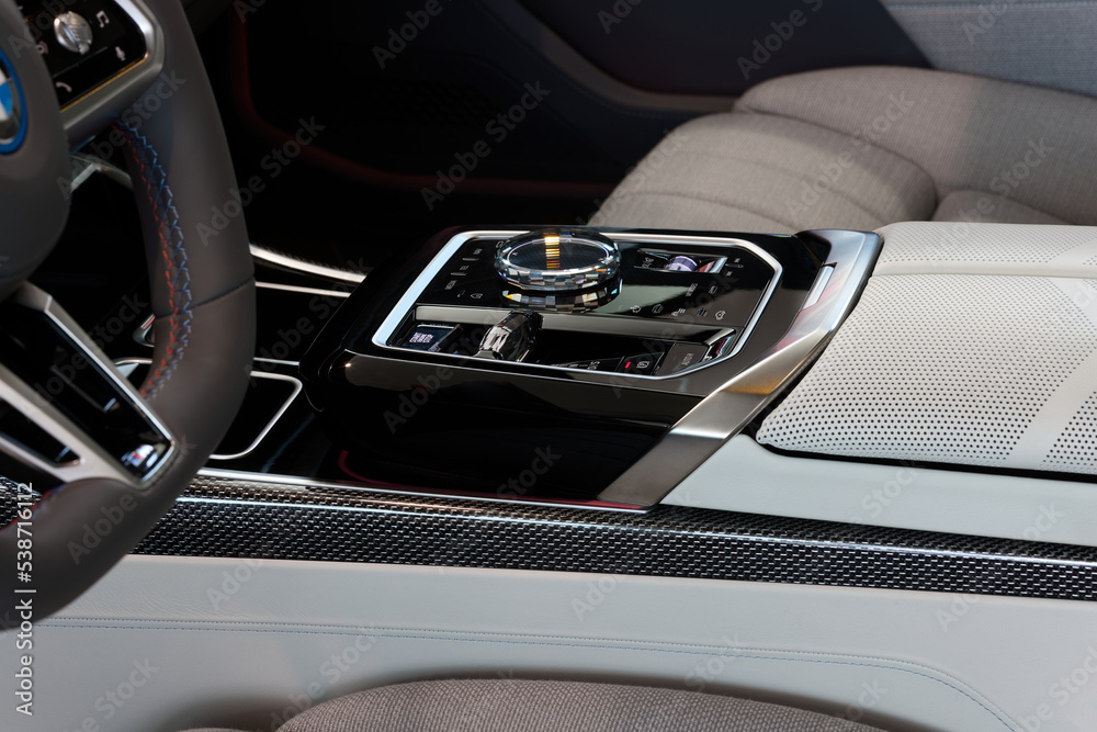 The center console of the new BMW 7 Series. The cockpit is finished in ...