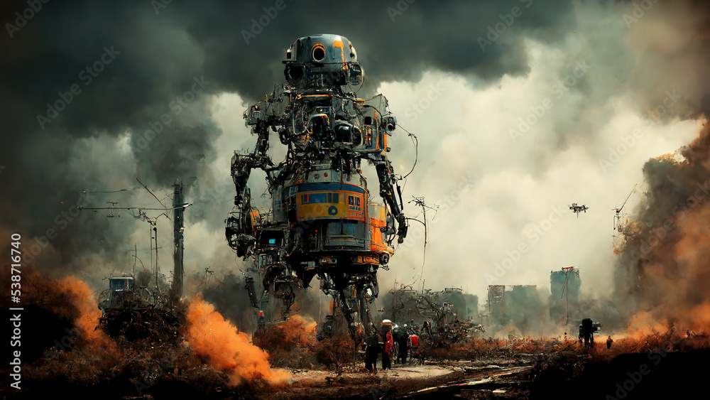 War of robots. A huge robot has attacked the city and is destroying it ...