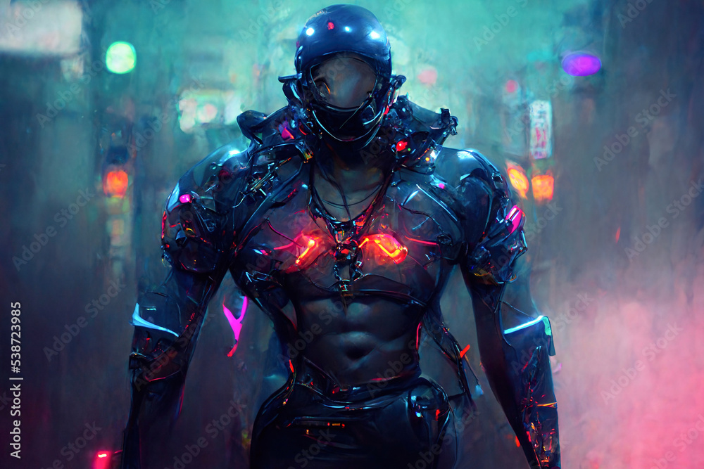 People of the future. Cyberpunk city. Humanized robots. Ai generated ...