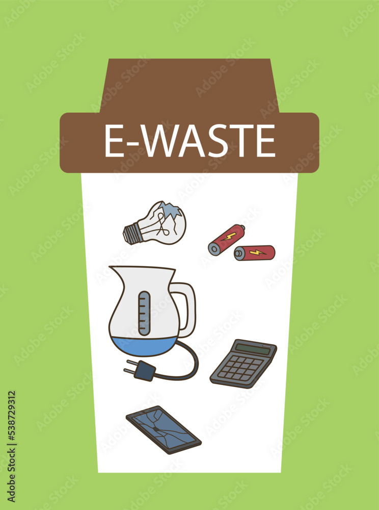 Set of electronic trash. Broken light bulb, battery and electric kettle ...