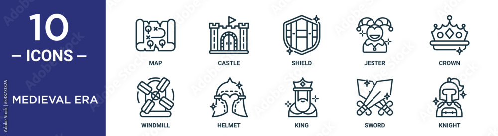 medieval era outline icon set includes thin line map, castle, shield ...