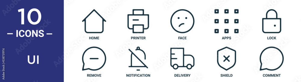 Vetor de ui outline icon set includes thin line home, printer, face ...