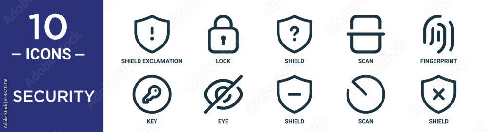 Vetor de security outline icon set includes thin line shield exclamation, lock, shield, scan ...