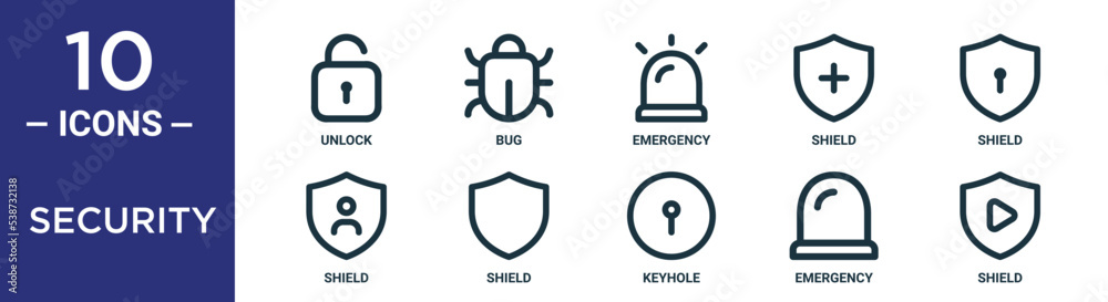 security outline icon set includes thin line unlock, bug, emergency ...