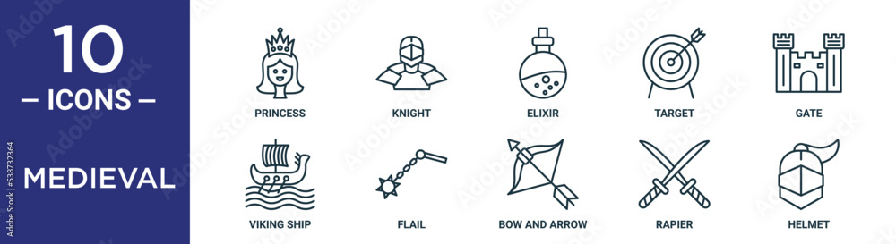 Vetor de medieval outline icon set includes thin line princess, knight ...