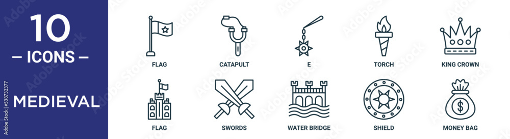 medieval outline icon set includes thin line flag, catapult, e, torch ...