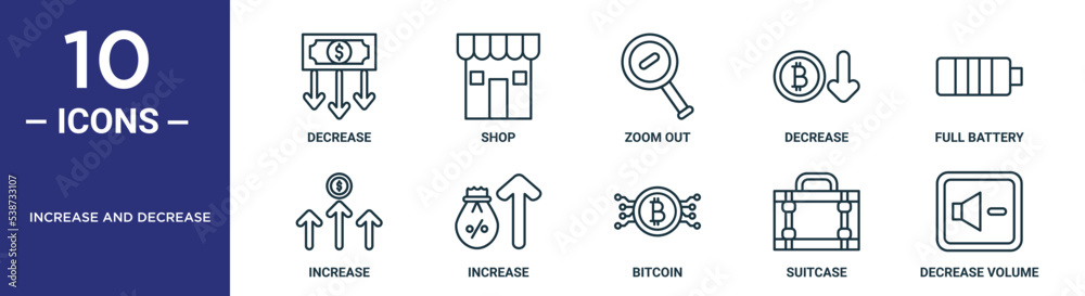 increase and decrease outline icon set includes thin line decrease, shop, zoom out, decrease ...