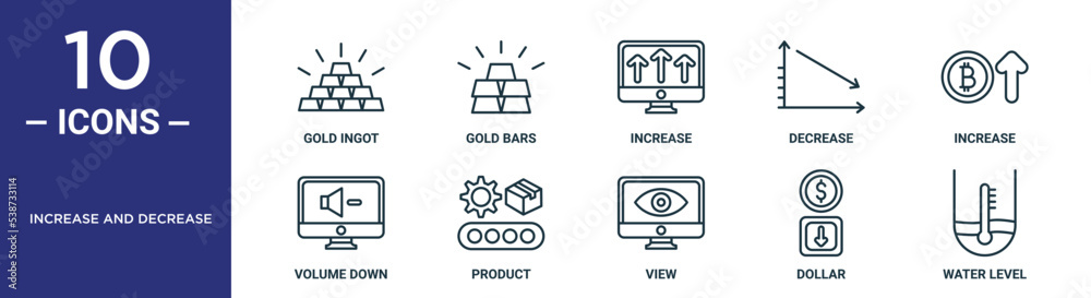 increase and decrease outline icon set includes thin line gold ingot, gold bars, increase ...