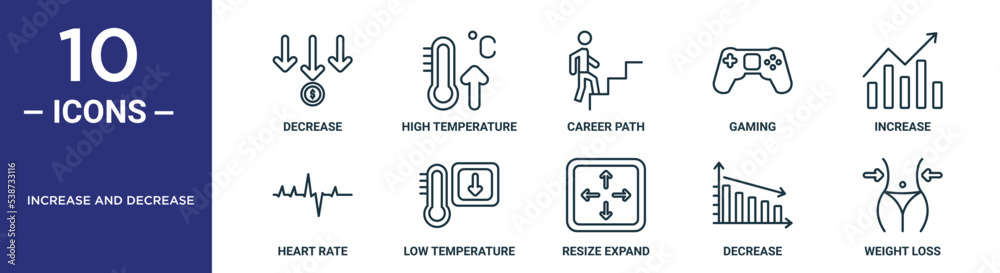 increase and decrease outline icon set includes thin line decrease, high temperature, career ...
