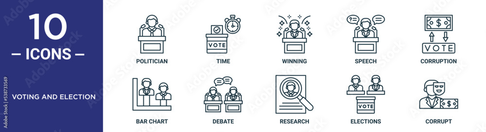 Vetor de voting and election outline icon set includes thin line ...
