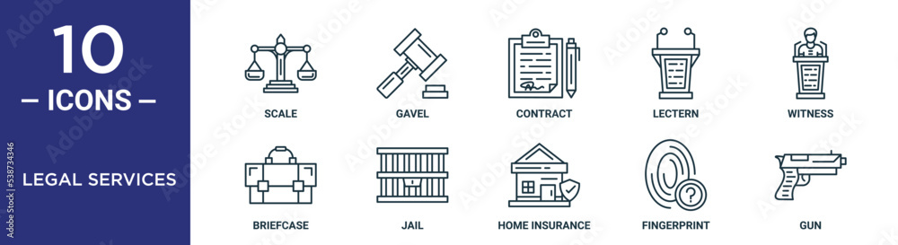 legal services outline icon set includes thin line scale, gavel ...