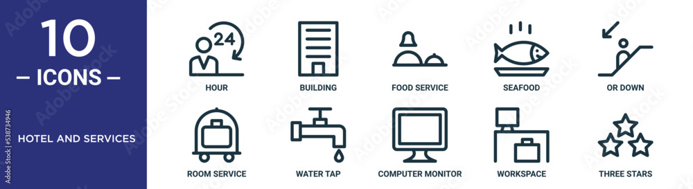hotel and services outline icon set includes thin line hour, building ...