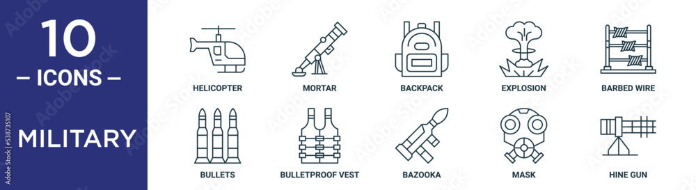 military outline icon set includes thin line helicopter, mortar ...