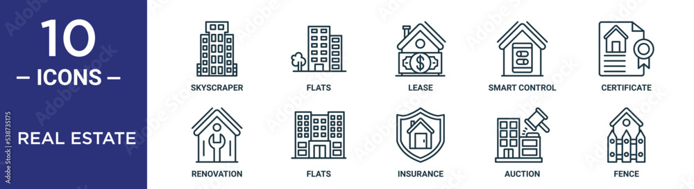 real estate outline icon set includes thin line skyscraper, flats ...