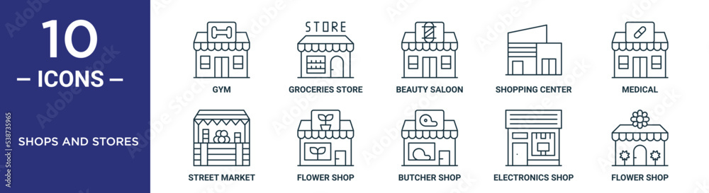 shops and stores outline icon set includes thin line gym, groceries ...