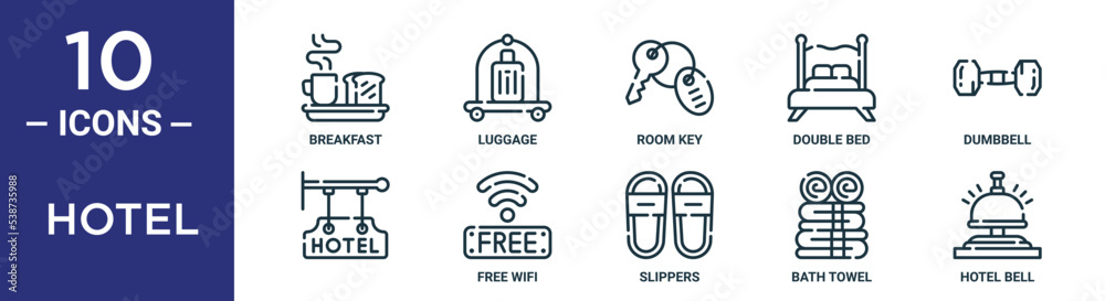hotel outline icon set includes thin line breakfast, luggage, room key ...