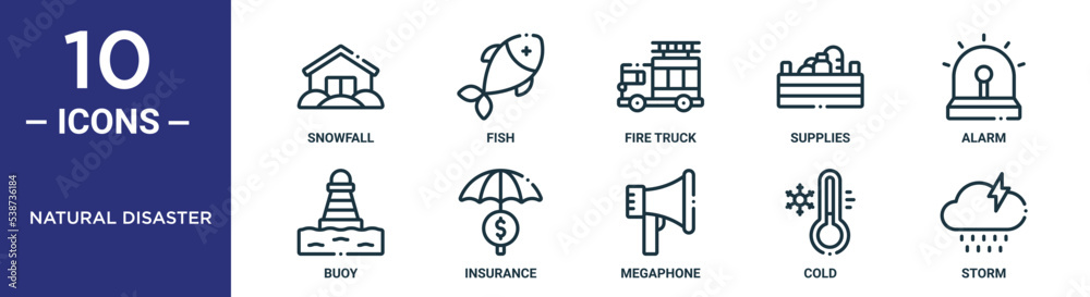 natural disaster outline icon set includes thin line snowfall, fish ...