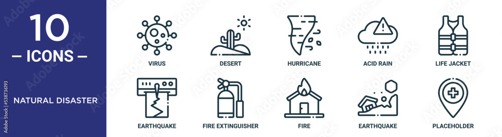natural disaster outline icon set includes thin line virus, desert ...