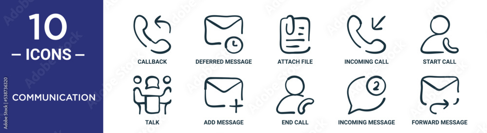 Vetor de communication outline icon set includes thin line callback, deferred message, attach ...