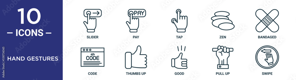 hand gestures outline icon set includes thin line slider, pay, tap, zen ...